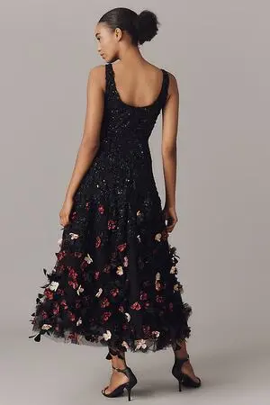 Mac Duggal Floral Appliqué Midi Dress