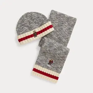 Ralph Lauren Polo Bear Cotton Hat And Scarf Set - Salt And Pepper/multi