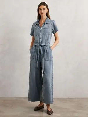 Good American Wide-leg Denim Jumpsuit With Linen - Indigo Blue
