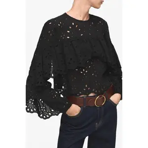 Mango Embroidered Eyelet Flutter Sleeve Top