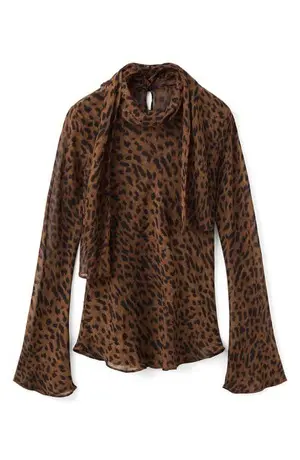 Mango Valeria Animal Print Tie Neck Top