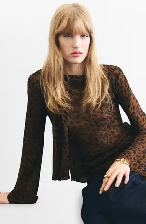 Mango Valeria Animal Print Tie Neck Top