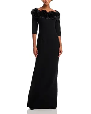 Rickie Freeman For Teri Jon Crepe 3d Flower Off-the-shoulder Gown - Black