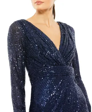 Mac Duggal Sequined Long Sleeve Midi Dress - Midnight