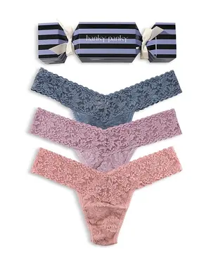 Hanky Panky Signature Lace Low Rise Thong, Pack Of 3 - Apricot Crush/water Lily/tour Guide