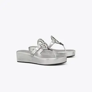 Tory Burch Miller Crinkled Metallic Wedge Sandal - Silver