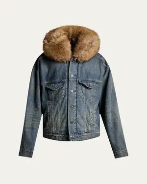 Balenciaga Faux Fur-trim Hooded Denim Trucker Jacket - Vert Multi
