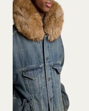 Balenciaga Faux Fur-trim Hooded Denim Trucker Jacket - Vert Multi