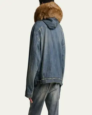 Balenciaga Faux Fur-trim Hooded Denim Trucker Jacket - Vert Multi