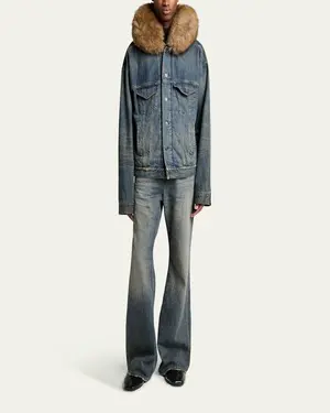 Balenciaga Faux Fur-trim Hooded Denim Trucker Jacket - Vert Multi