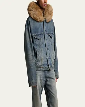 Balenciaga Faux Fur-trim Hooded Denim Trucker Jacket - Vert Multi