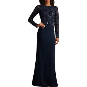 Tadashi Shoji Embroidered Bodice Long Sleeve Gown - Navy/navy