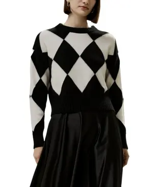 Lilysilk Diamond Pattern Cashmere Sweater - Black White