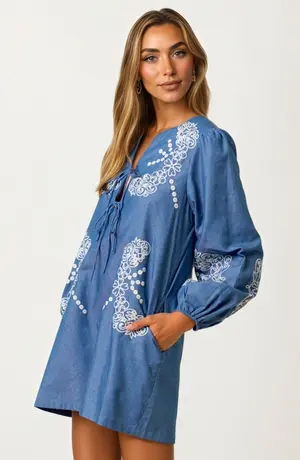 KNIT & LOUNGE Embroidered Chambray Mini Dress