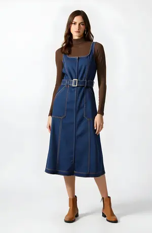 MODENAIRE Denim Midi Shirt Dress With Belt - Blue