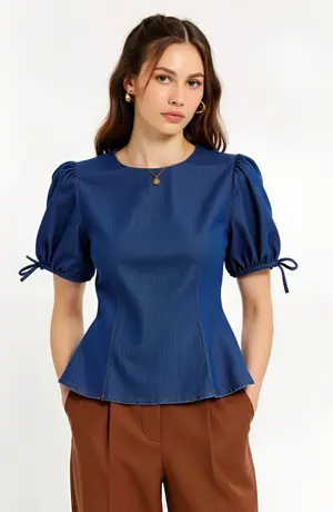 MODENAIRE Denim Puff Sleeve Top