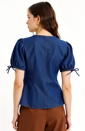 MODENAIRE Denim Puff Sleeve Top