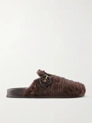 AQUAZZURA Cuddle Buckled Shearling Mules - Brown