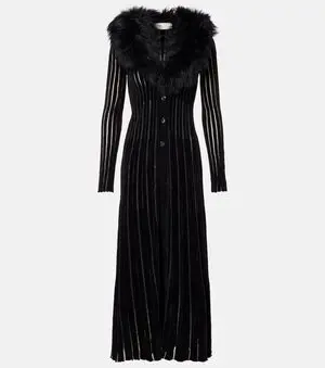 Blumarine Shearling-trimmed Striped Cardigan - Black