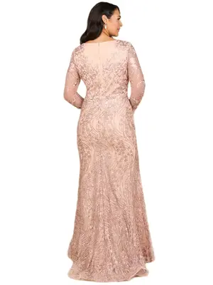 LARA NEW YORK Lace Gown With Overskirt And Illusion Neckline - Blush