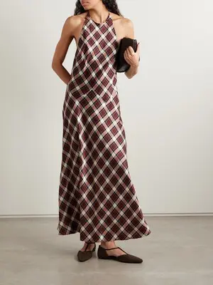 DÔEN Maxime Checked Silk-satin Halterneck Maxi Dress