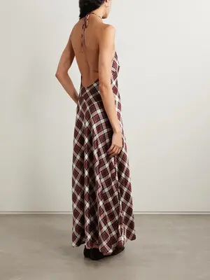DÔEN Maxime Checked Silk-satin Halterneck Maxi Dress