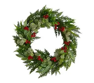 NEARLY NATURAL 24' Cedar, Eucalyptus & Berries Wreath - One-color