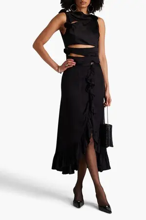 Maje Satin Ruffled Midi Skirt
