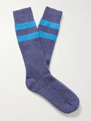 GOD'S TRUE CASHMERE Shadow Amethyst-embellished Striped Cashmere-blend Socks - Blue