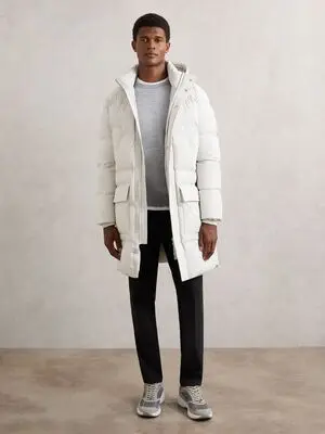 REISS Quilted Longline Puffer Jacket - Light Stone