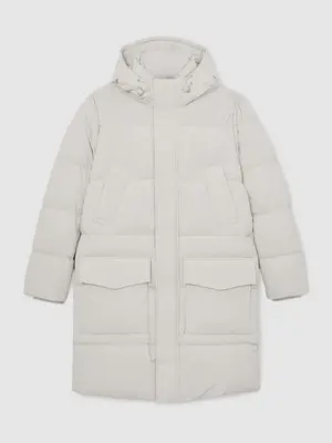 REISS Quilted Longline Puffer Jacket - Light Stone