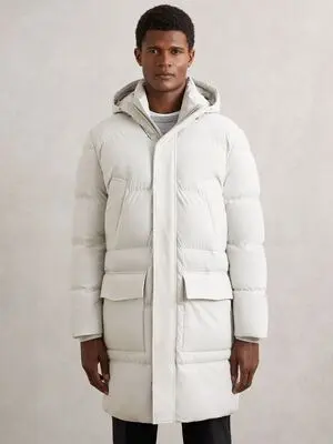 REISS Quilted Longline Puffer Jacket - Light Stone