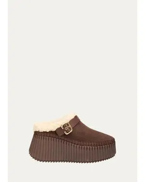 Chloé Nama Suede Shearling-lined Platform Clogs - Sharp Brown