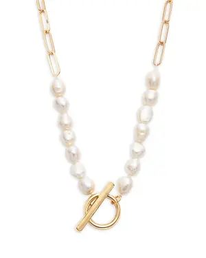 Aqua Imitation Pearl Paperclip Link Toggle Necklace - Gold/white