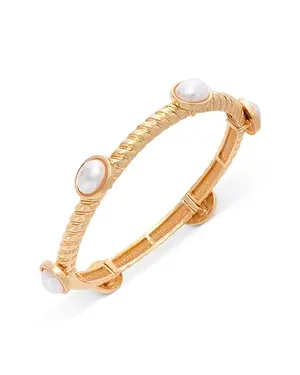 Aqua Imitation Pearl Twist Bangle Bracelet - Gold