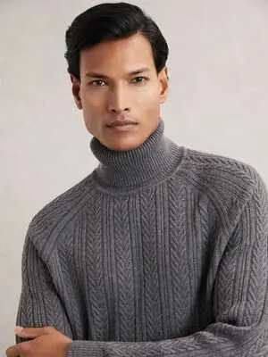REISS Dartford Cable-knit Wool Jumper - Mid Grey Melange