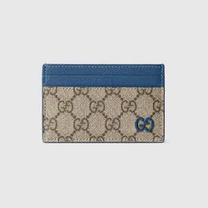 Gucci Blue Trim Gg Card Case Gg Canvas - Beige