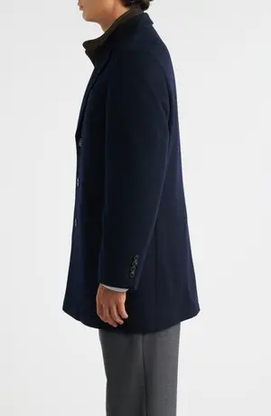 Hart Schaffner Marx Ellington Wool And Cashmere Overcoat With Quilted Faux Suede Bib - Navy