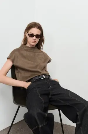 Mango Faux Suede T-shirt - Light/pastel Brown