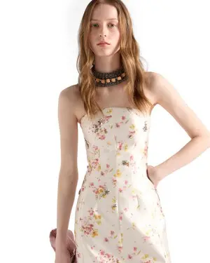Prada Floral Print Silk And Wool Strapless Dress - Pink