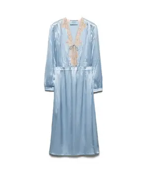 Prada Long-sleeved Satin Crepe And Lace Dress - Light Blue