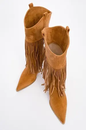 PROLOGUE SHOES Fringe Pointed Toe Boots - Cognac Suede Faux Leather