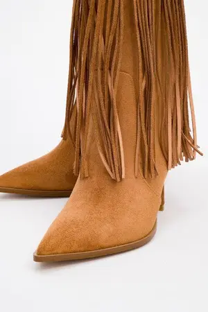 PROLOGUE SHOES Fringe Pointed Toe Boots - Cognac Suede Faux Leather