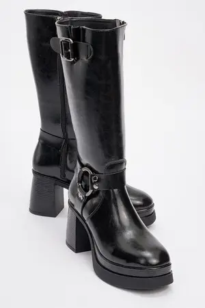 PROLOGUE SHOES Block Heel Boots With Buckle And Zip - Black Faux Leather