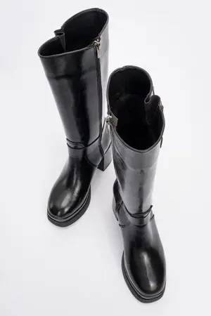 PROLOGUE SHOES Block Heel Boots With Buckle And Zip - Black Faux Leather