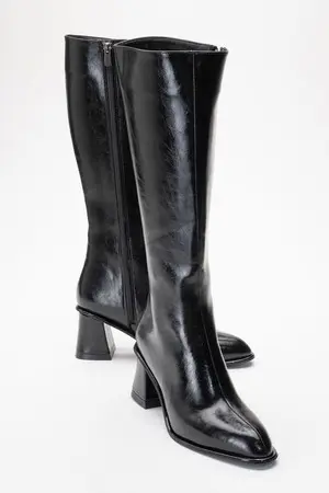 PROLOGUE SHOES Paradis Block Heel Knee High Boots - Black Faux Leather