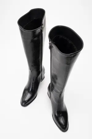 PROLOGUE SHOES Paradis Block Heel Knee High Boots - Black Faux Leather