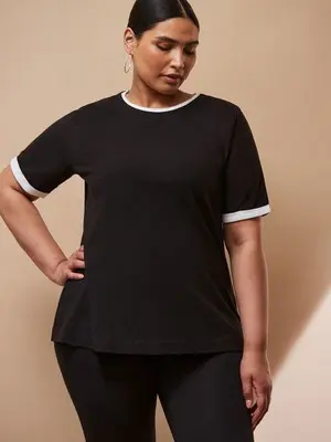 LIVE UNLIMITED Contrast Elbow Length Sleeve T-shirt - Black