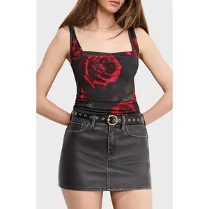 Good American Print Mesh Bustier Top - Moody Red Roses001