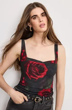 Good American Print Mesh Bustier Top - Moody Red Roses001